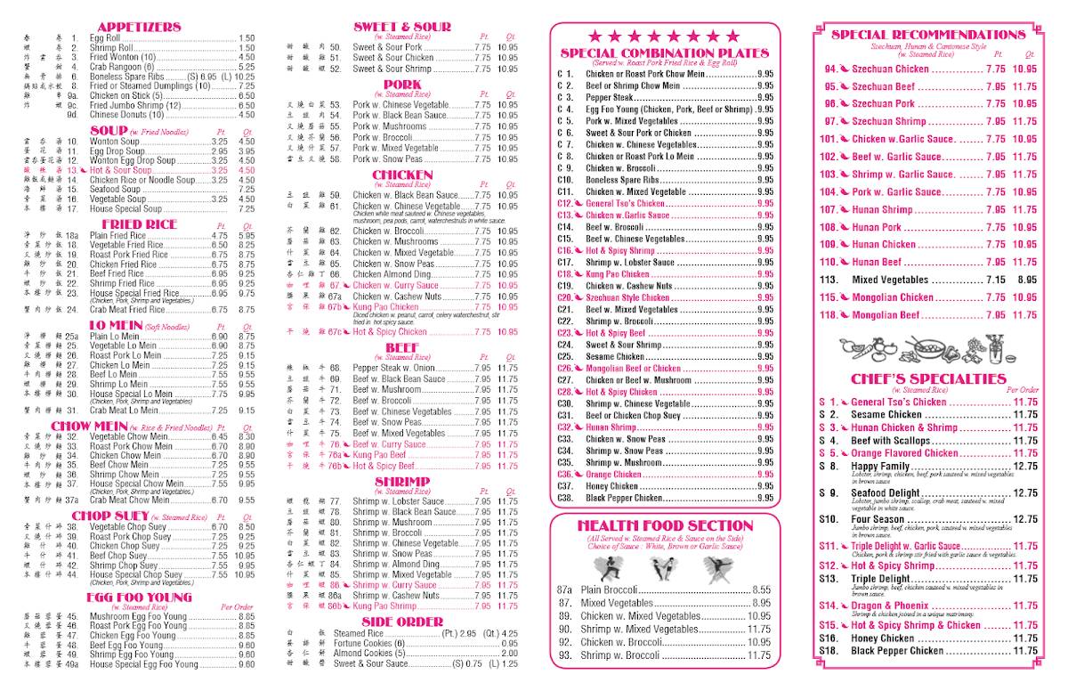 Menu at New China restaurant, Streator