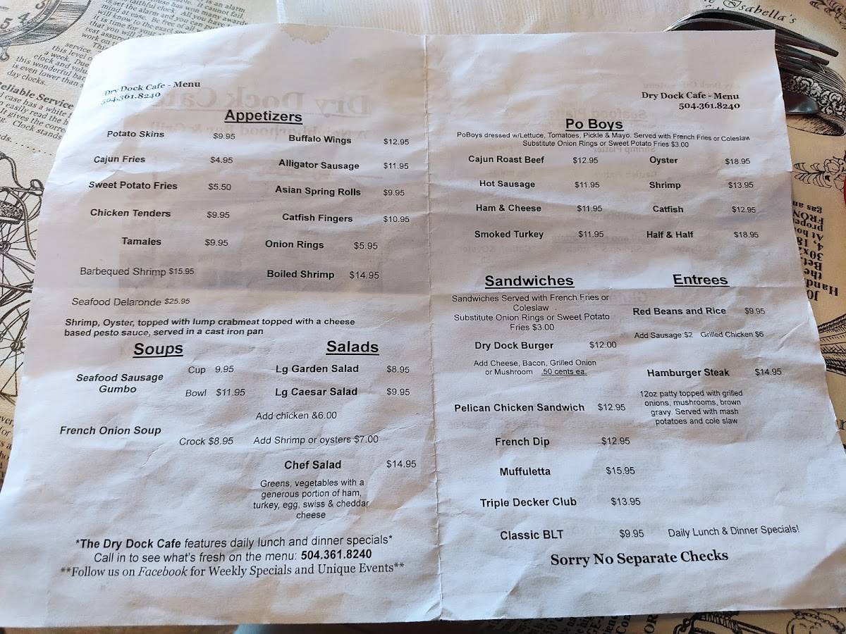 Menu at Dry Dock Café pub & bar, New Orleans
