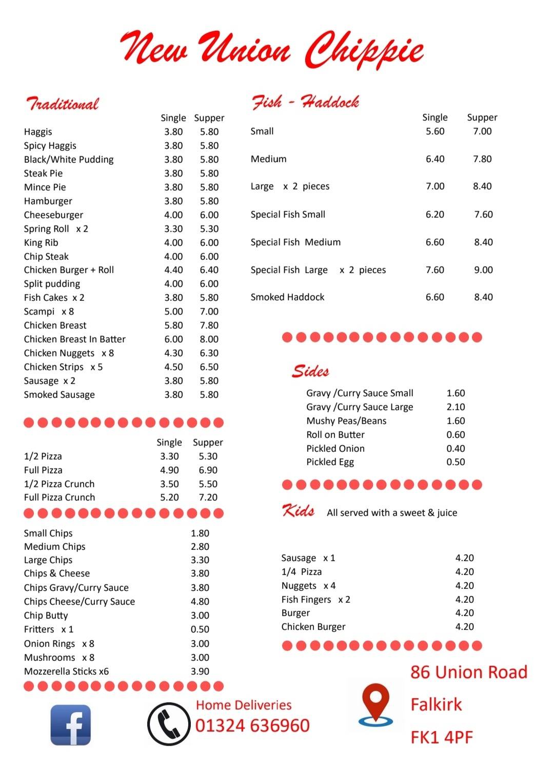 Menu at New Union Chippie fast food, Falkirk