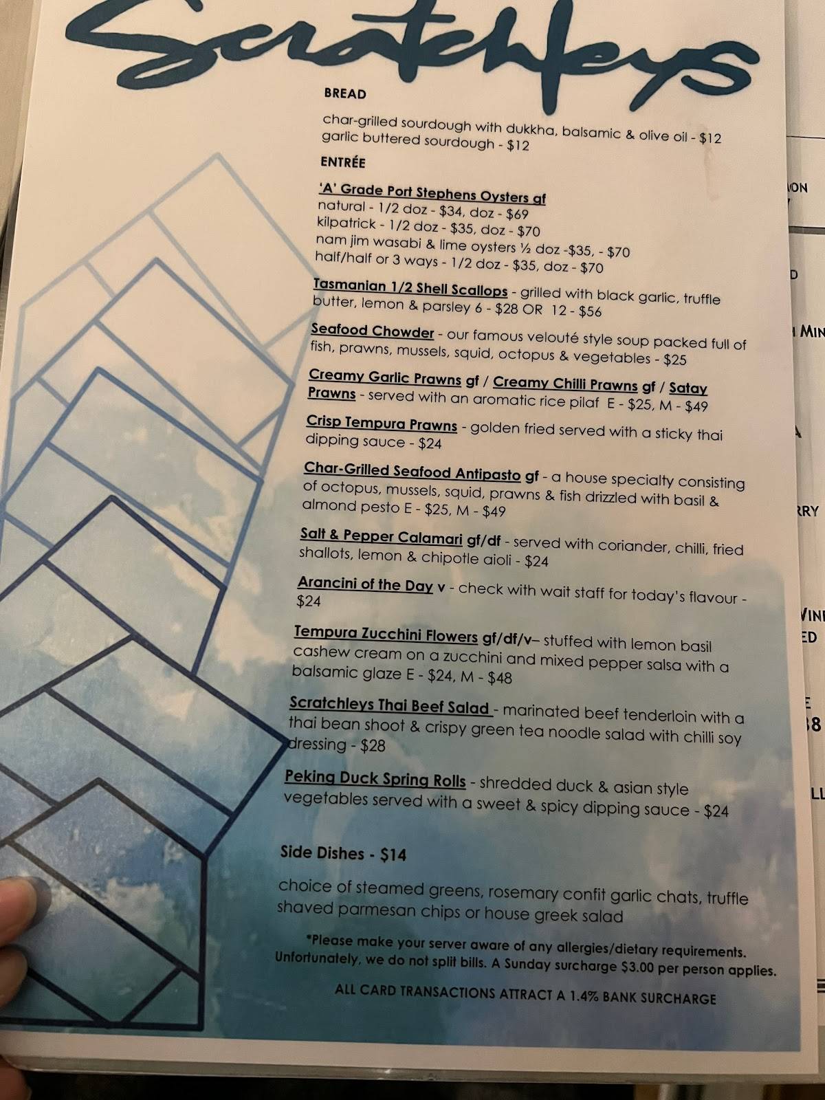 Menu at Scratchleys on the Wharf restaurant, Newcastle, 200 Wharf Rd