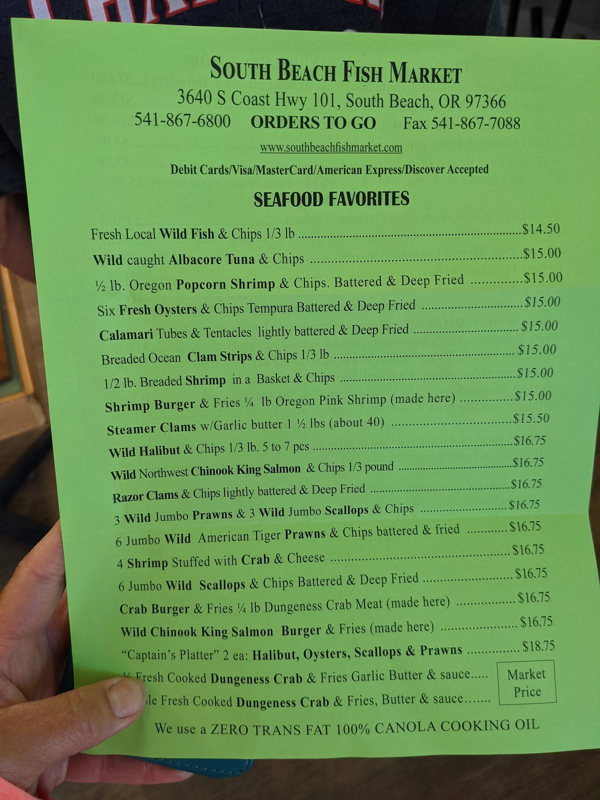 Menu at South Beach Fish Market restaurant, Newport