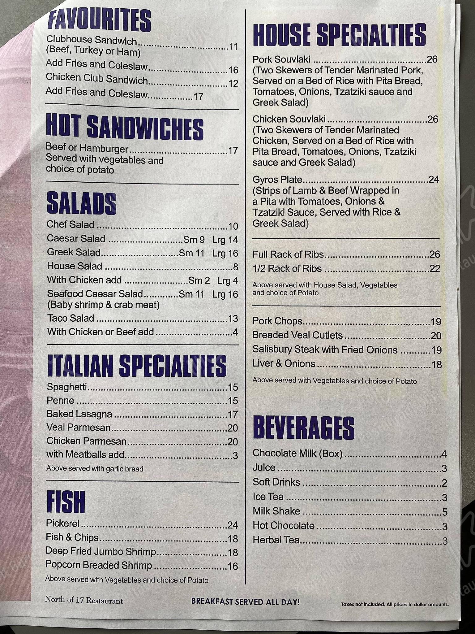 Menu at North Of 17 Restaurant, Wawa