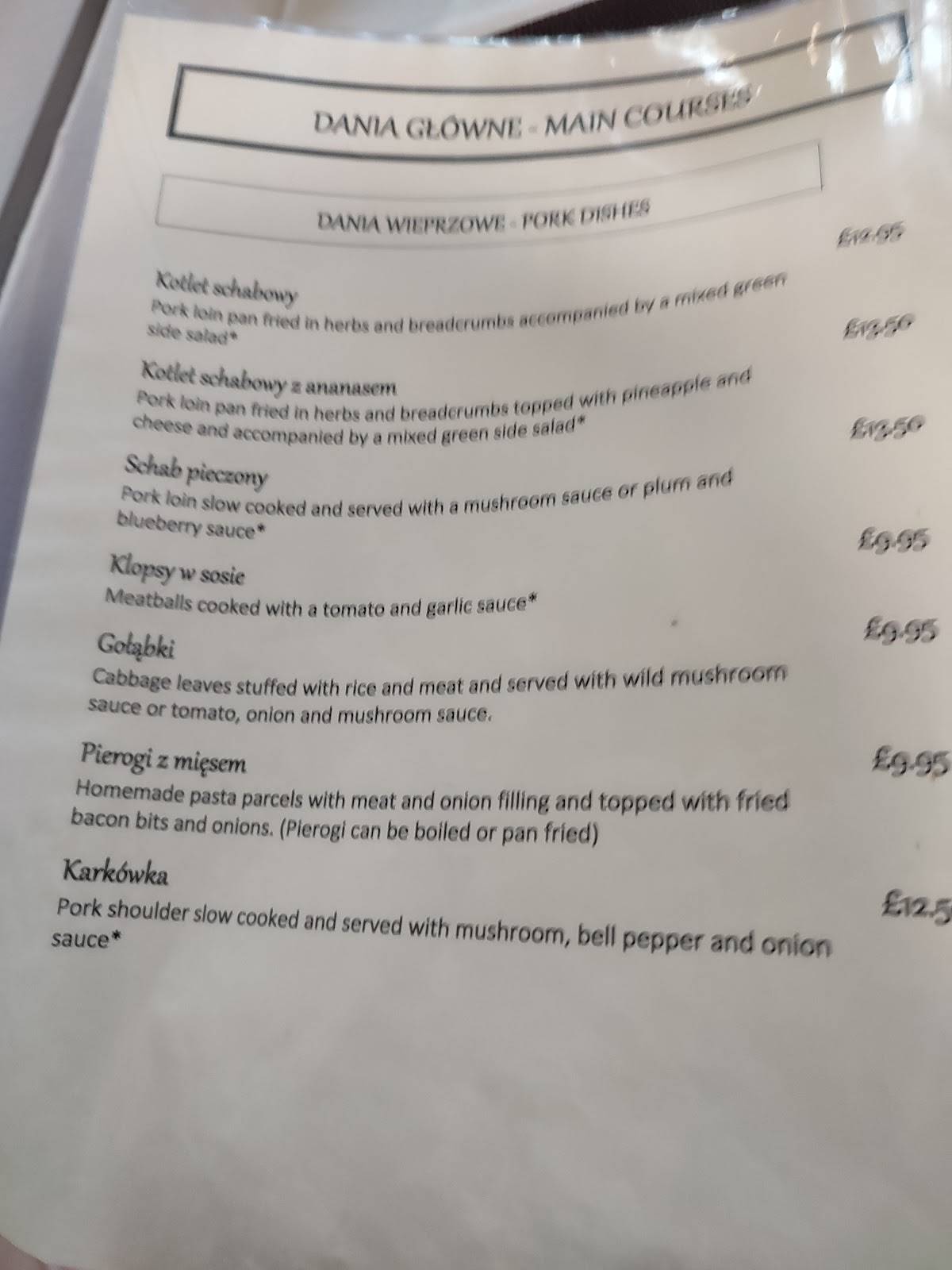 Menu at Ania Polish Restaurant, Nottingham