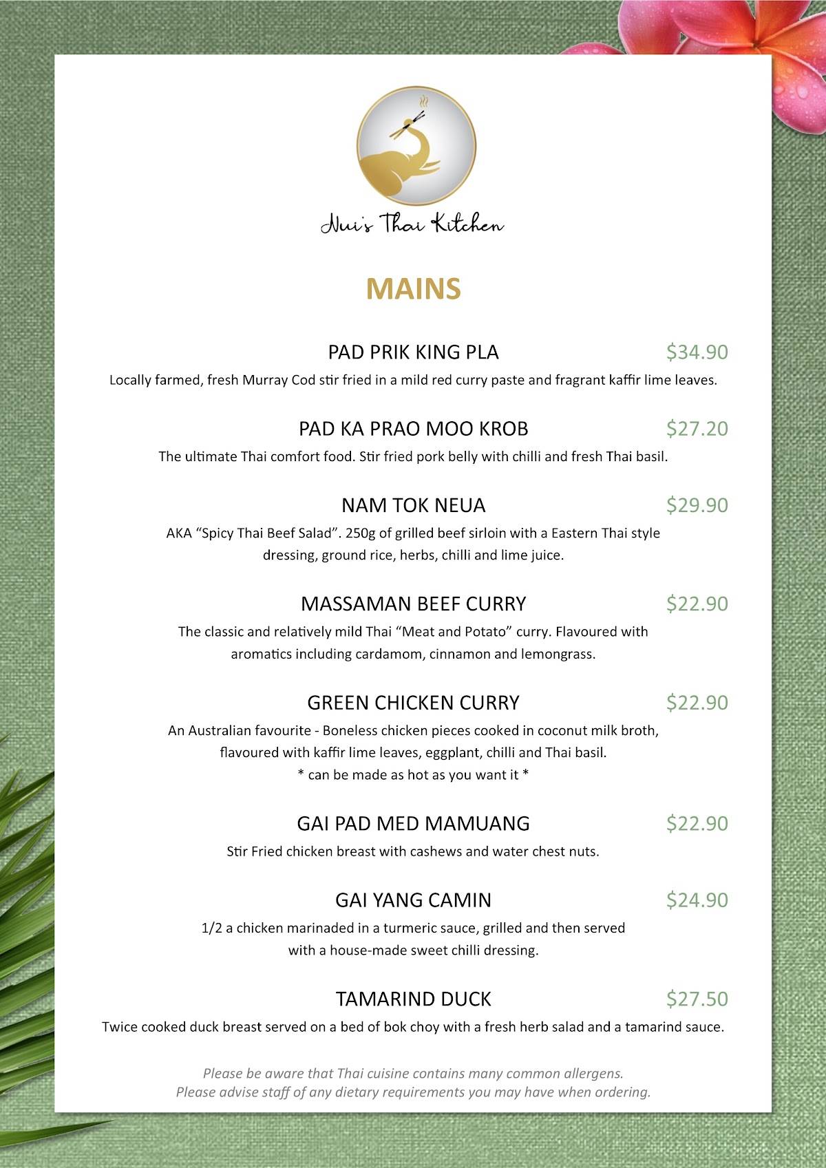 Menu at Nui's Thai Kitchen restaurant, Renmark