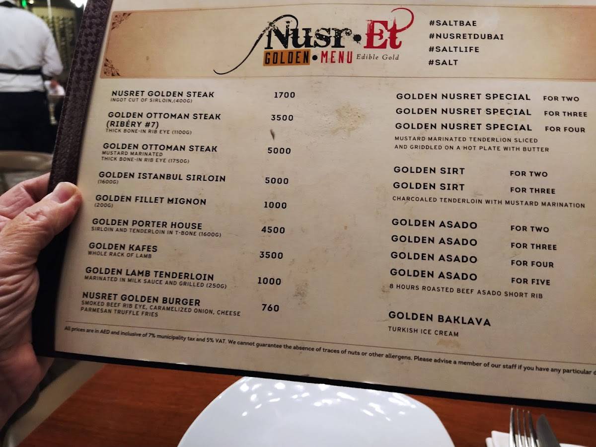 Menu at Nusr-Et Steakhouse Dubai, Dubai, Restaurant Village Four ...
