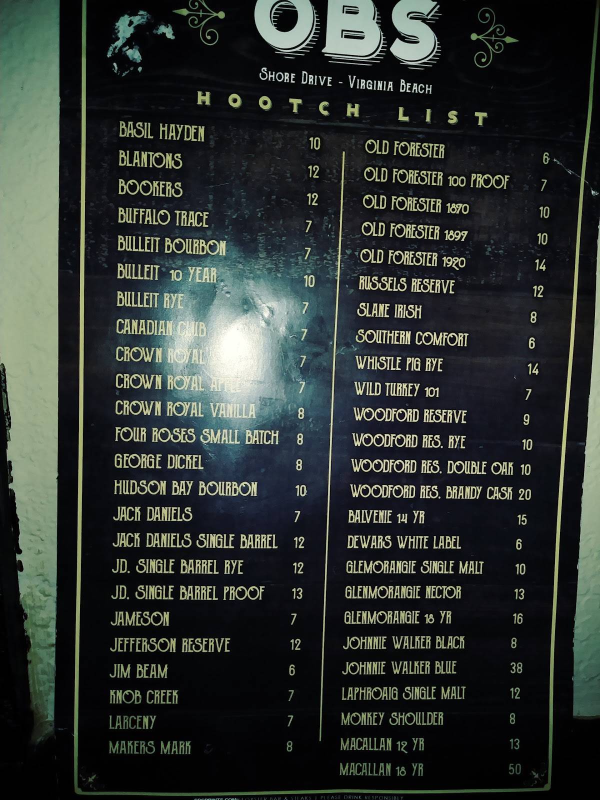Menu at OBS Oyster Bar And Steaks, Virginia Beach