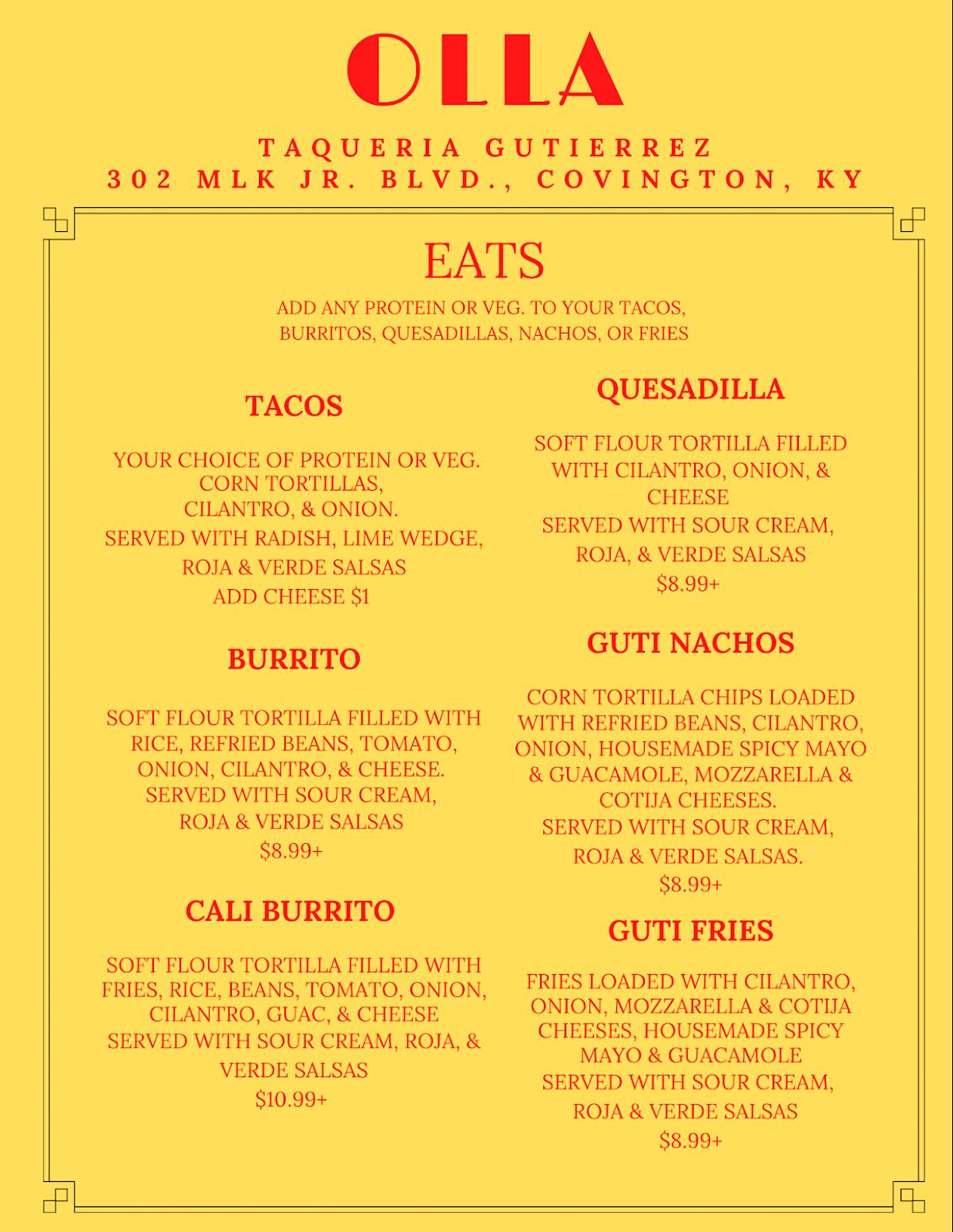 Menu at OLLA Taqueria restaurant, Covington
