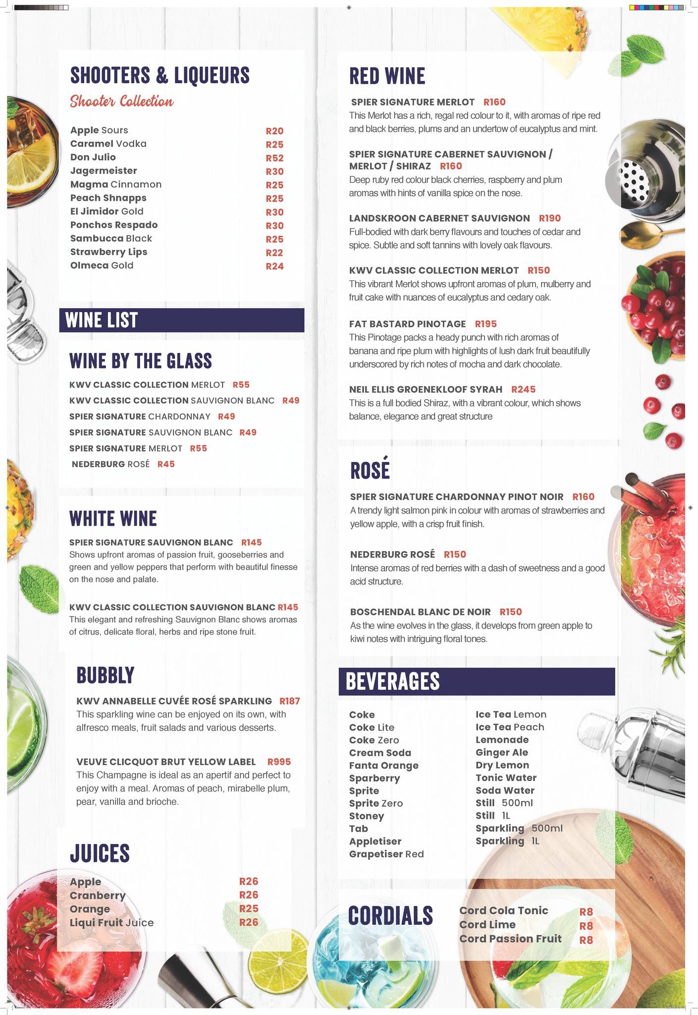 Menu at On Point Waterfront restaurant, Durban