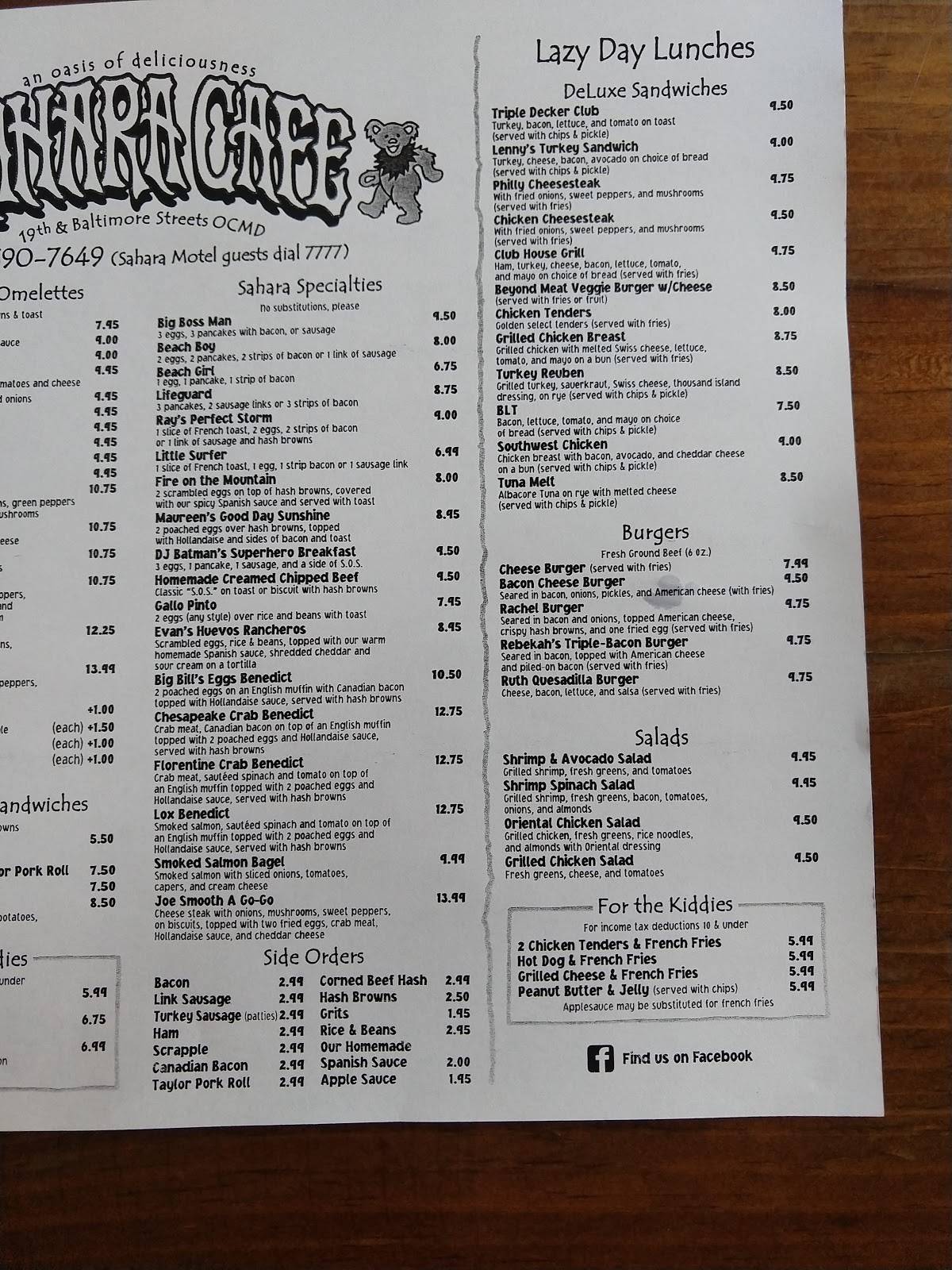 Menu at Sahara Cafe, Ocean City