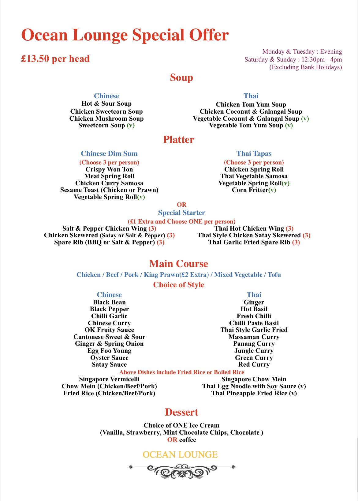 Menu at Ocean Lounge Chinese & Thai Restaurant, Manchester