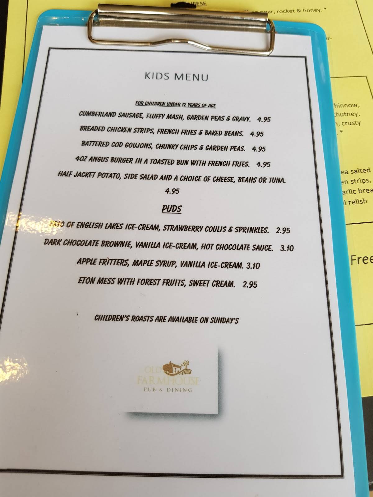 Menu at Old Farmhouse restaurant, Ulverston