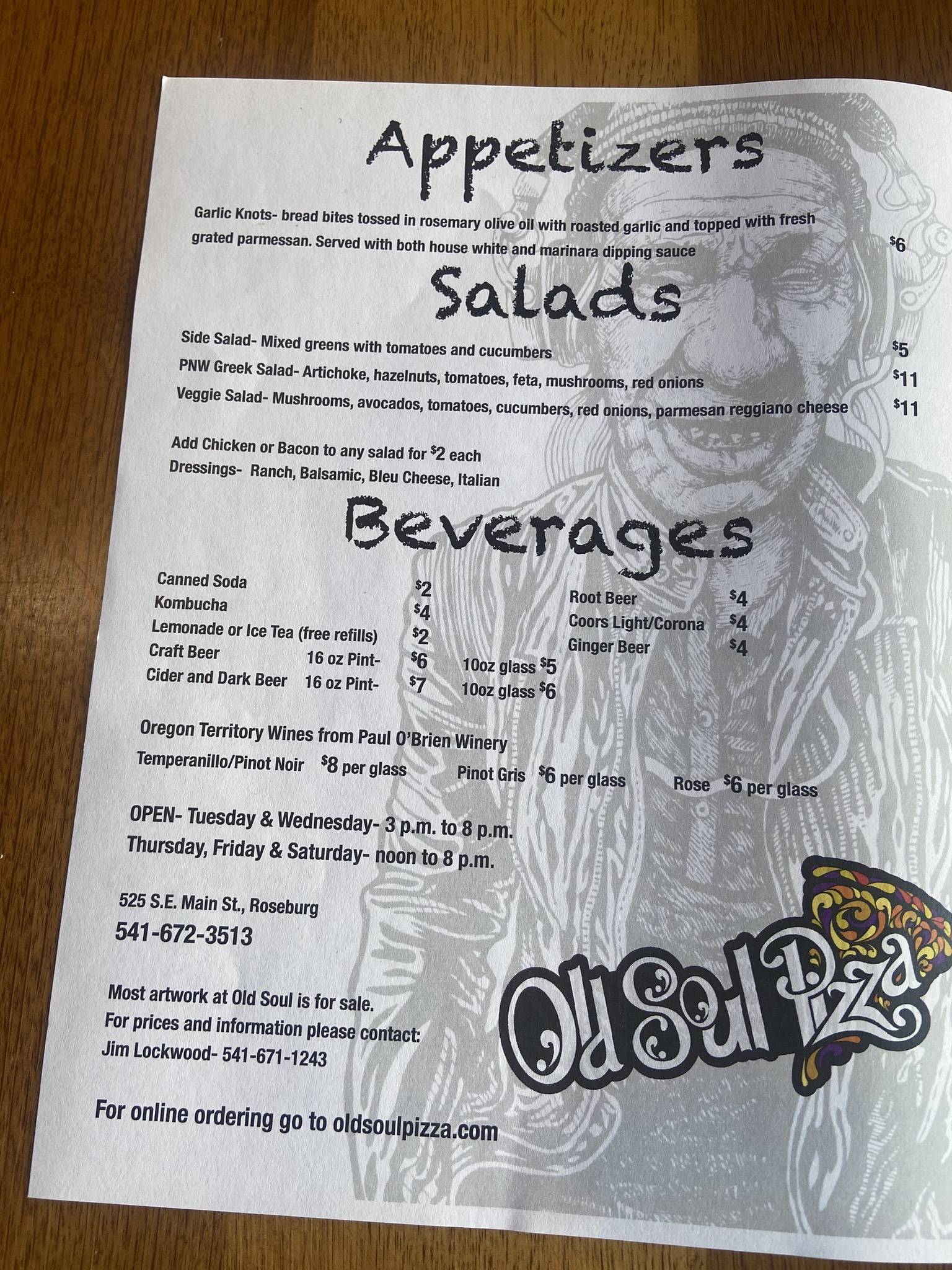 Menu at Old Soul Pizza pizzeria, Roseburg, 525 SE Main St