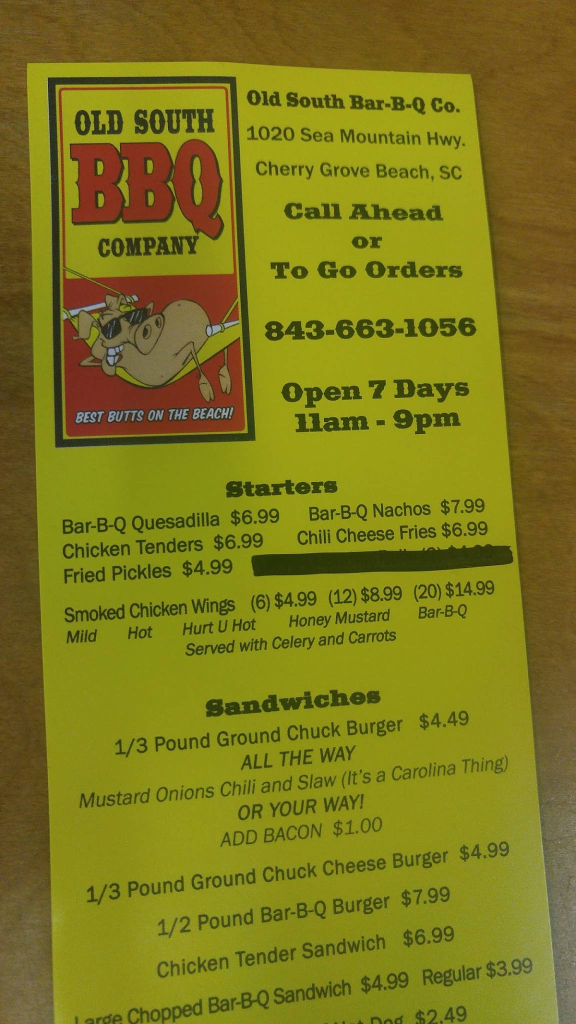 Menu at Old South BBQ, North Myrtle Beach