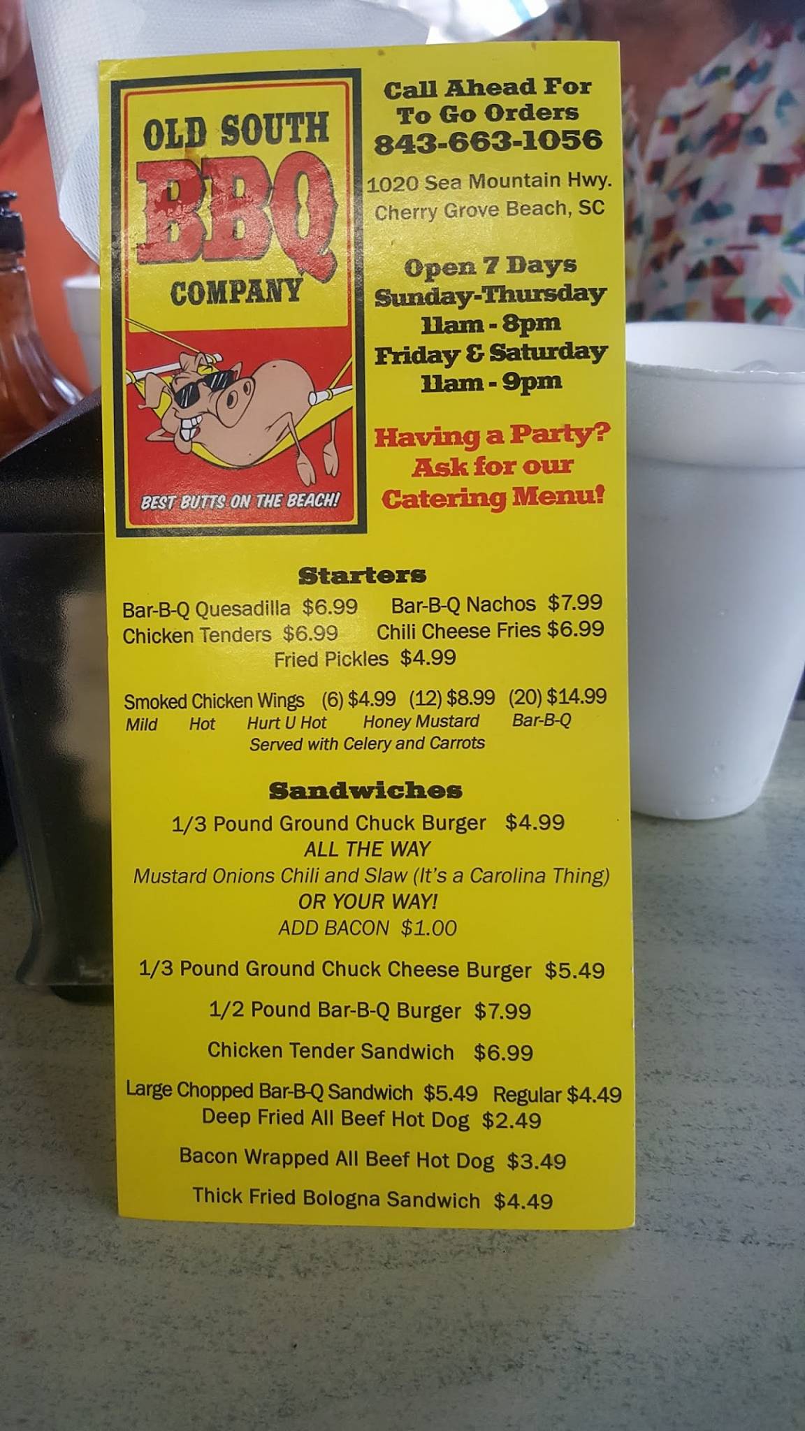 Menu at Old South BBQ, North Myrtle Beach