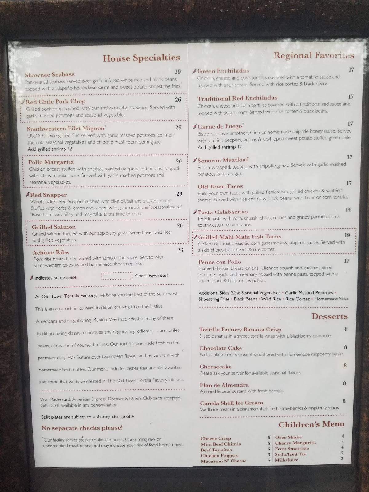 Menu at Old Town Tortilla Factory pub & bar, Scottsdale