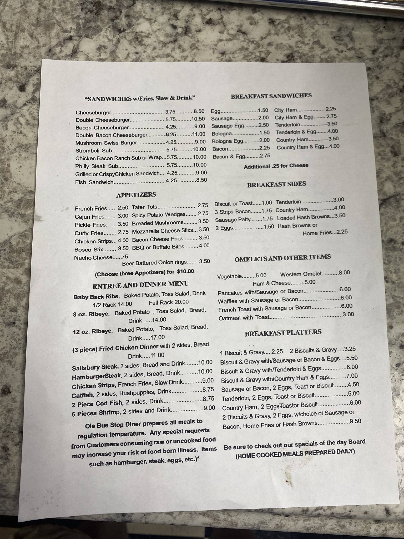 Menu at Ole Bus Stop Diner restaurant, Booneville
