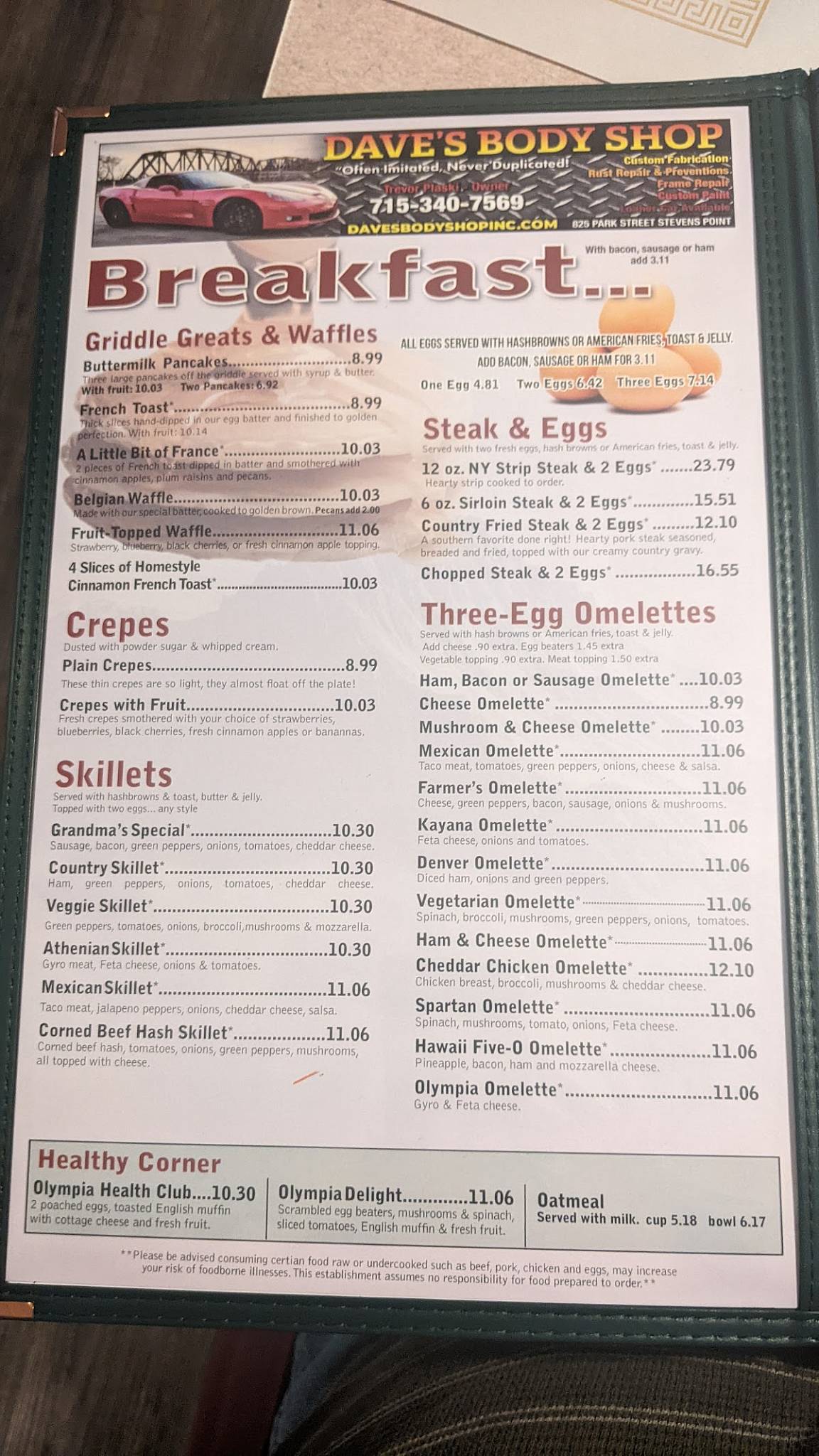 Menu at Olympia Family Restaurant, Stevens Point, 200 Division St A