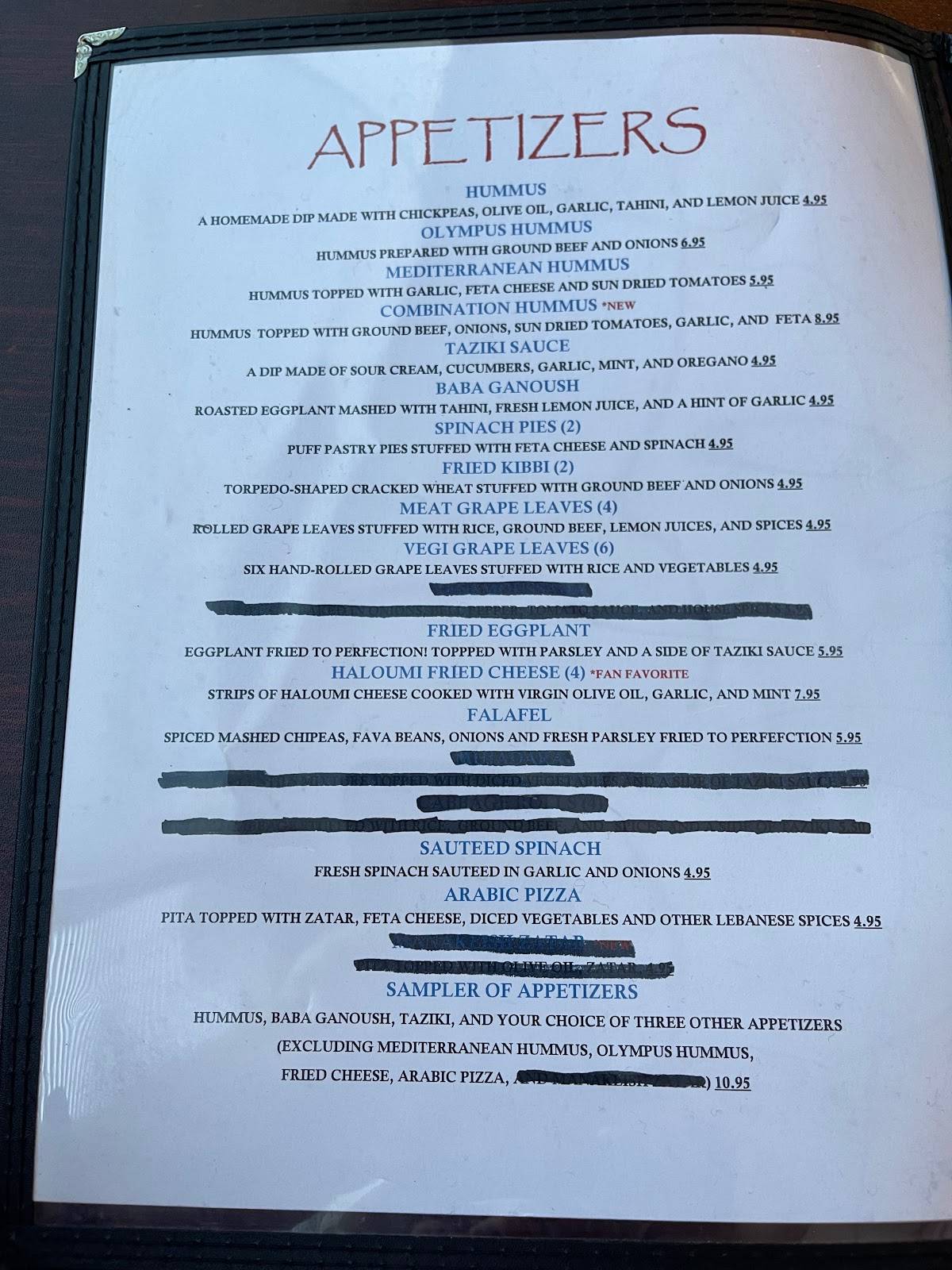Menu at Olympus restaurant, New Iberia
