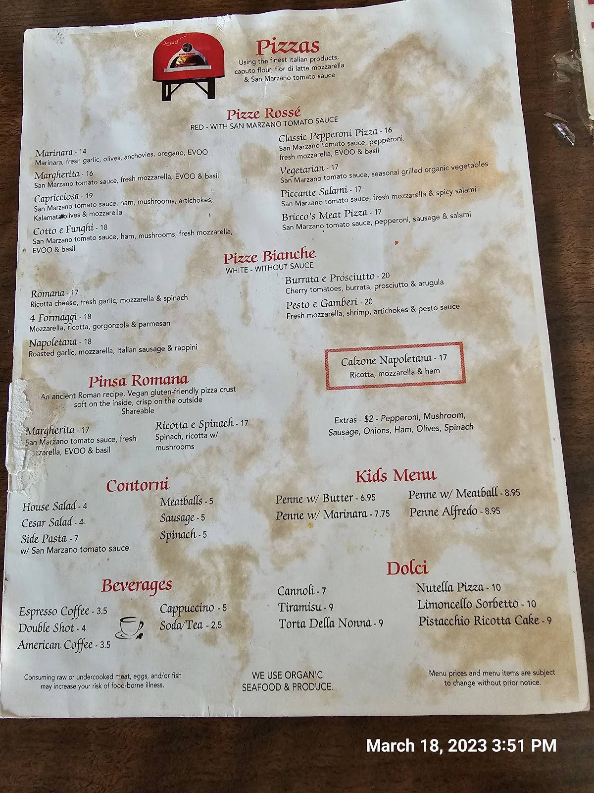 Menu at Osteria Bricco pizzeria, Seminole