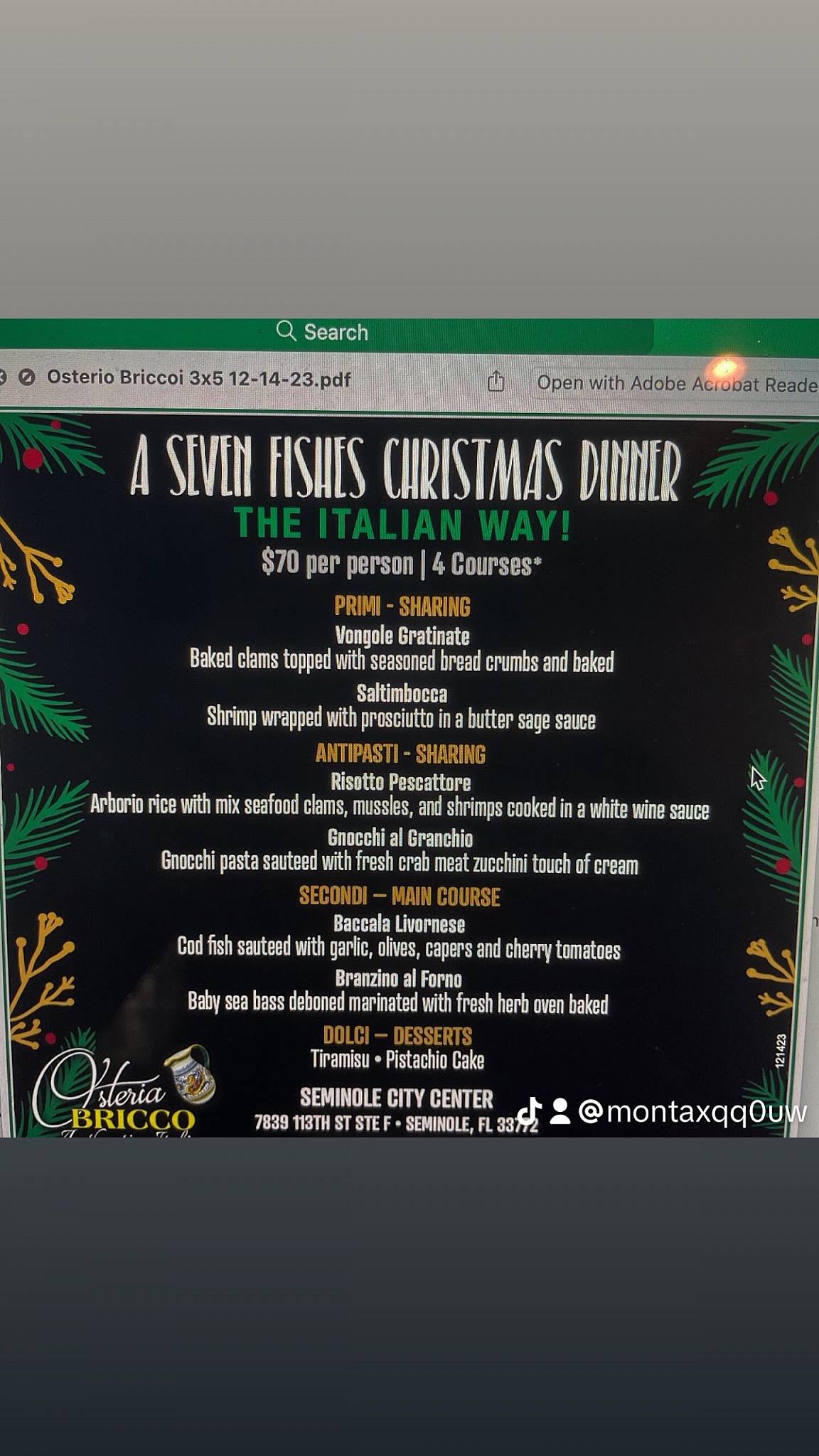 Menu at Osteria Bricco pizzeria, Seminole