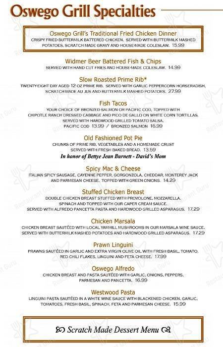 Menu at Oswego Grill- Lake Oswego pub & bar, Lake Oswego
