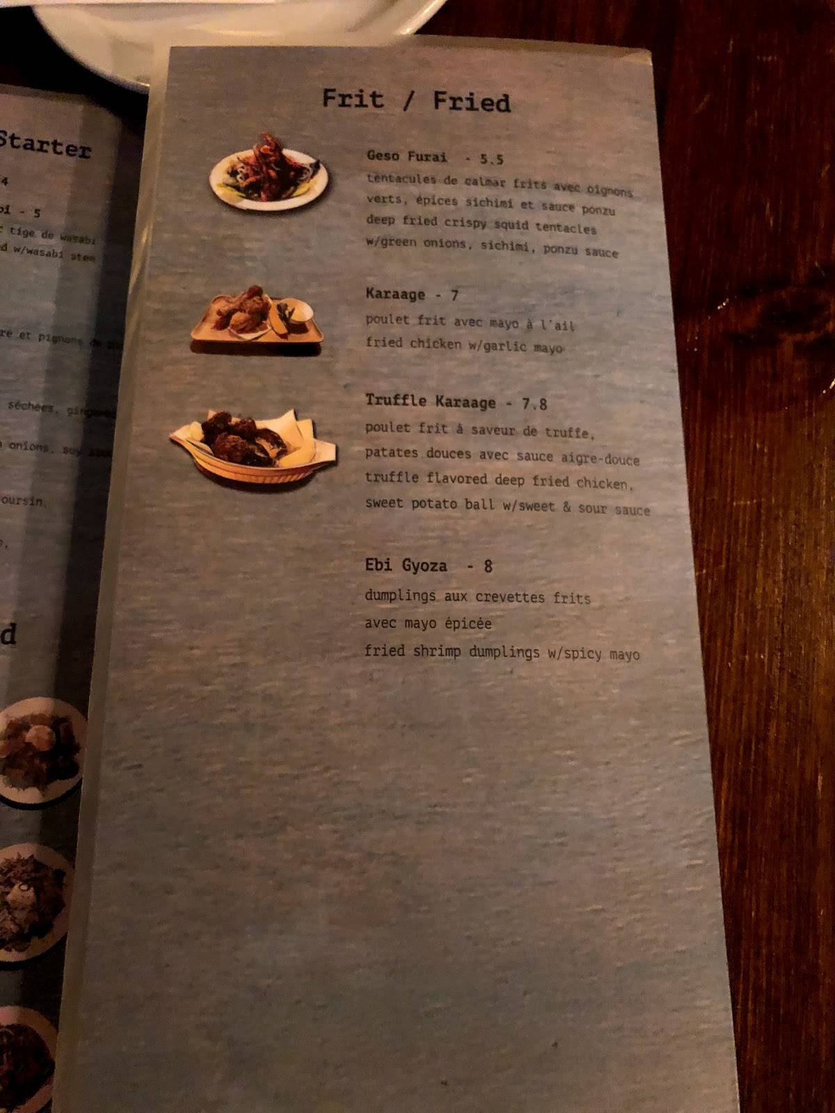 Menu at Otto Yakitori Izakaya restaurant, Montréal
