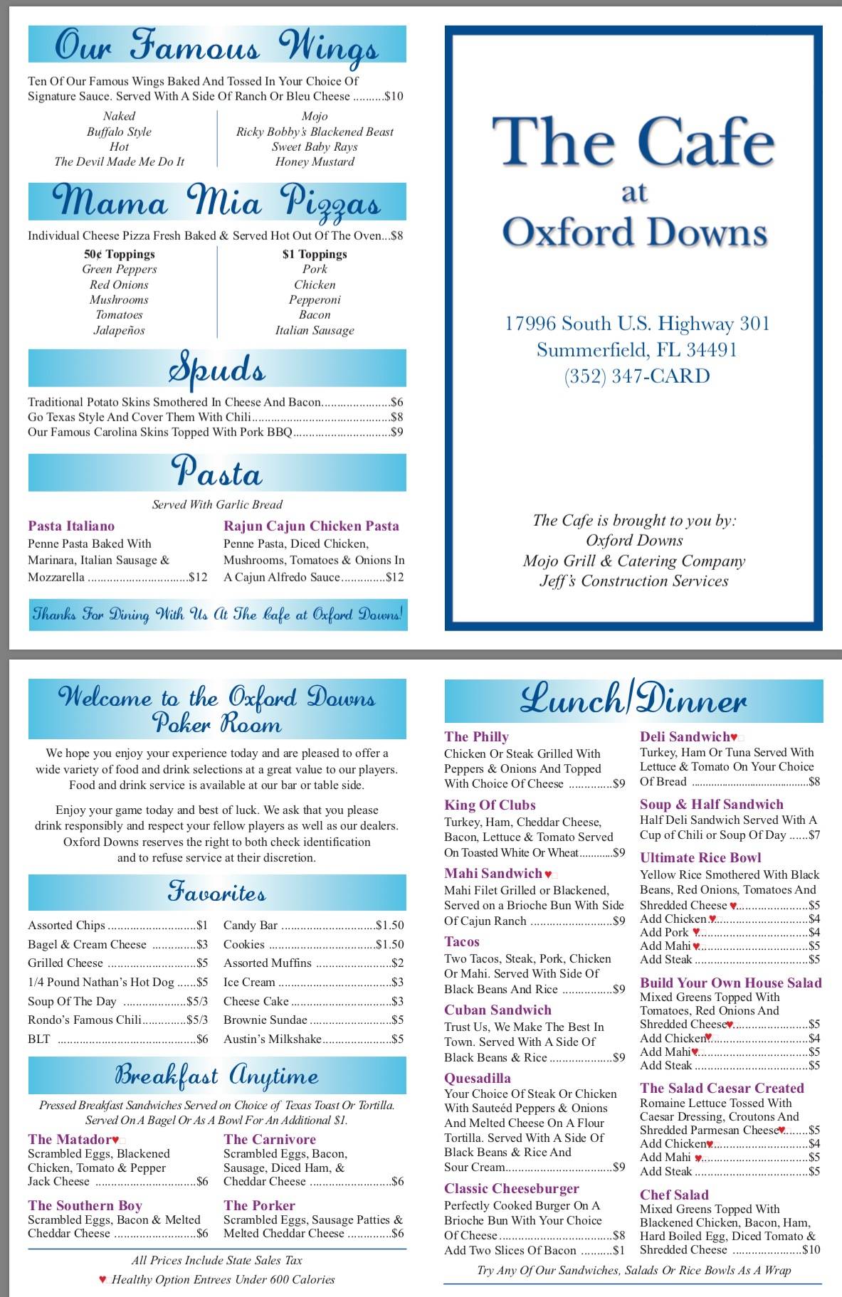 Menu at Oxford Downs Poker Room pub & bar, Summerfield