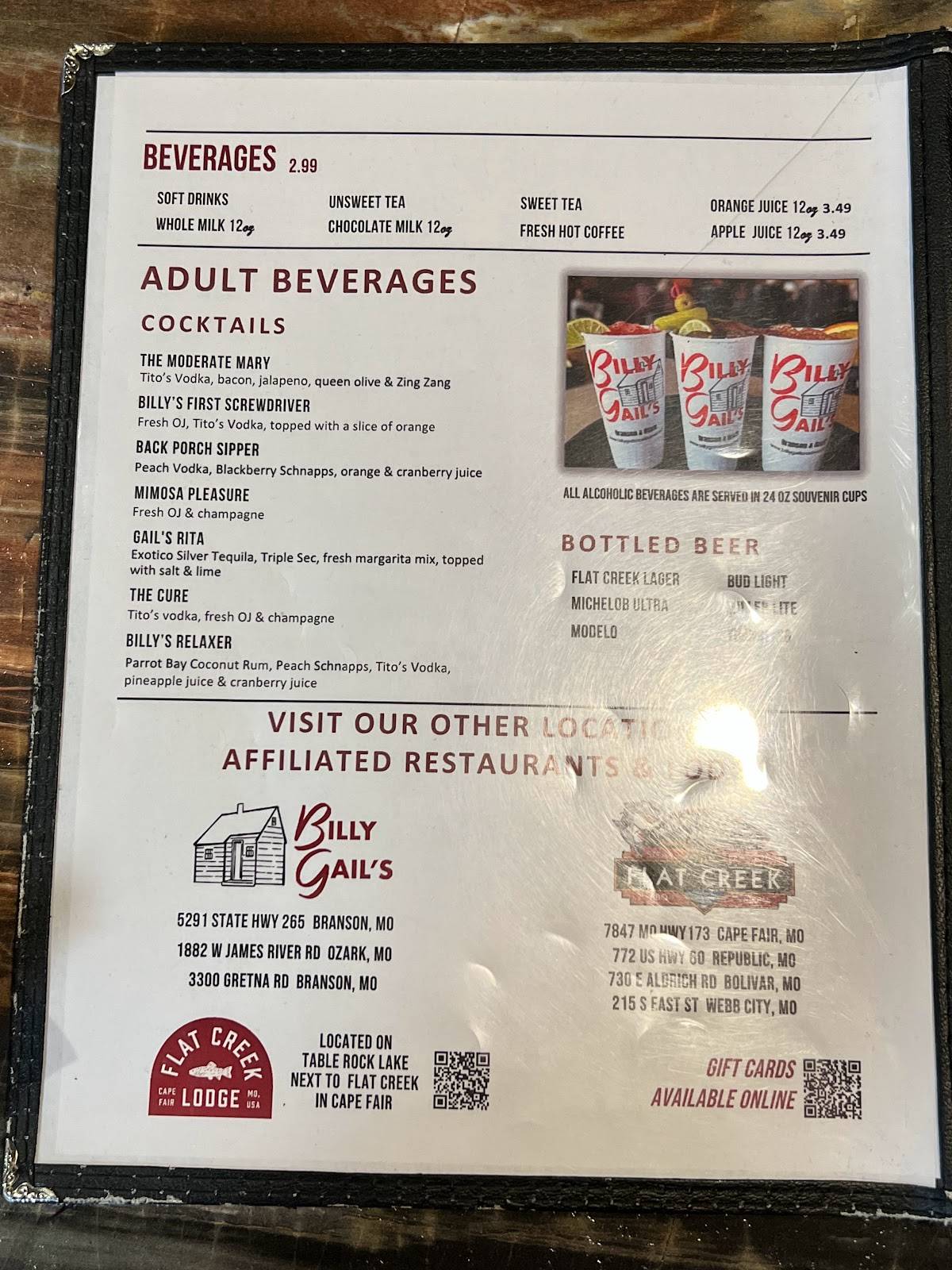 Menu at Billy Gail's - Ozark, MO restaurant, Ozark