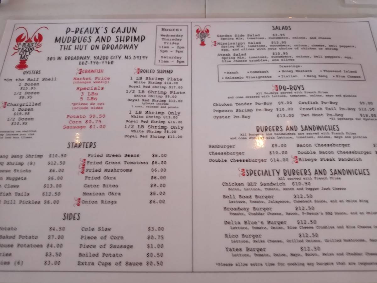Menu at P-Reaux's Cajun Mudbugs restaurant, Yazoo City