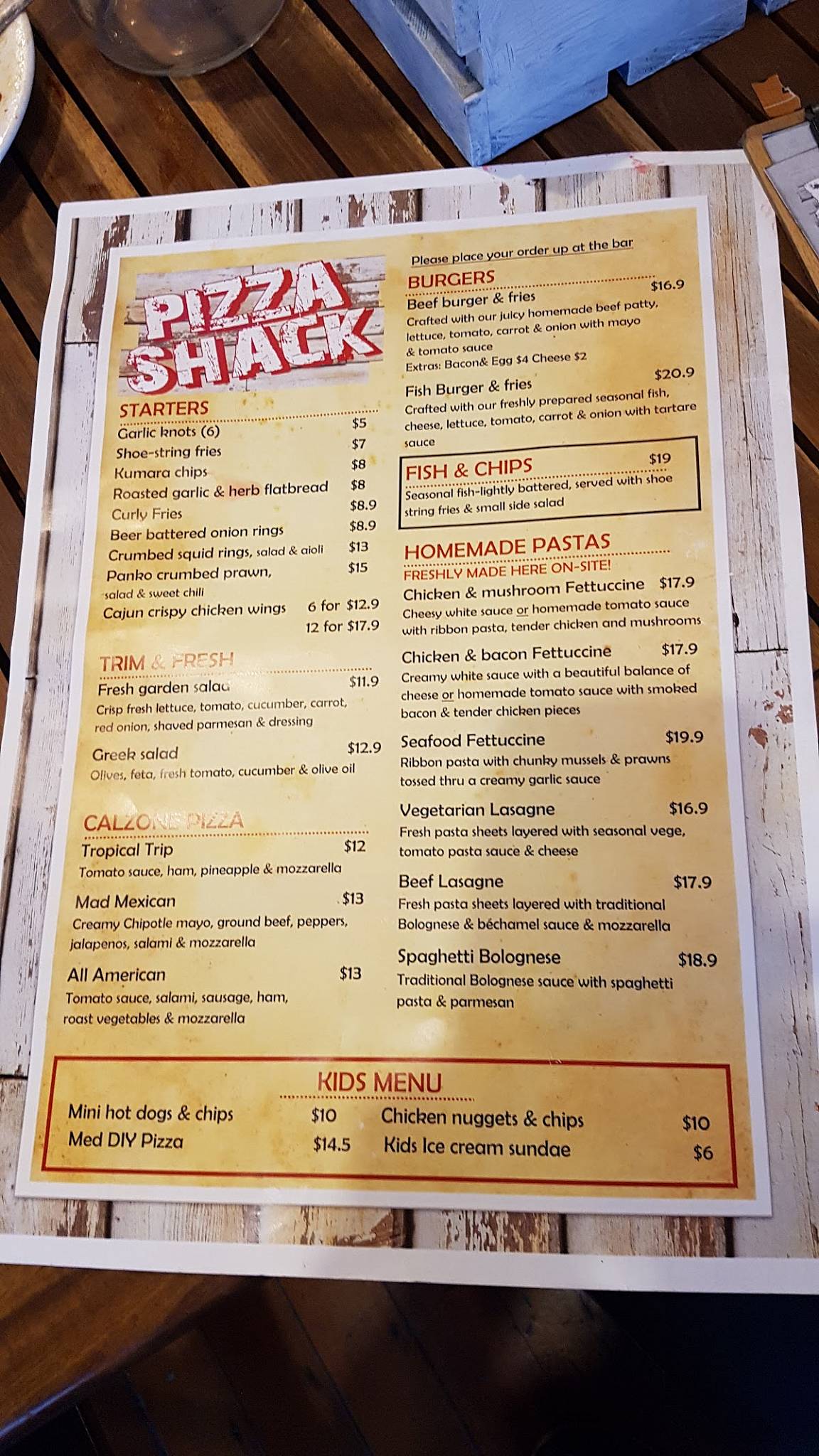 Menu at PIZZA SHACK pizzeria, Paihia