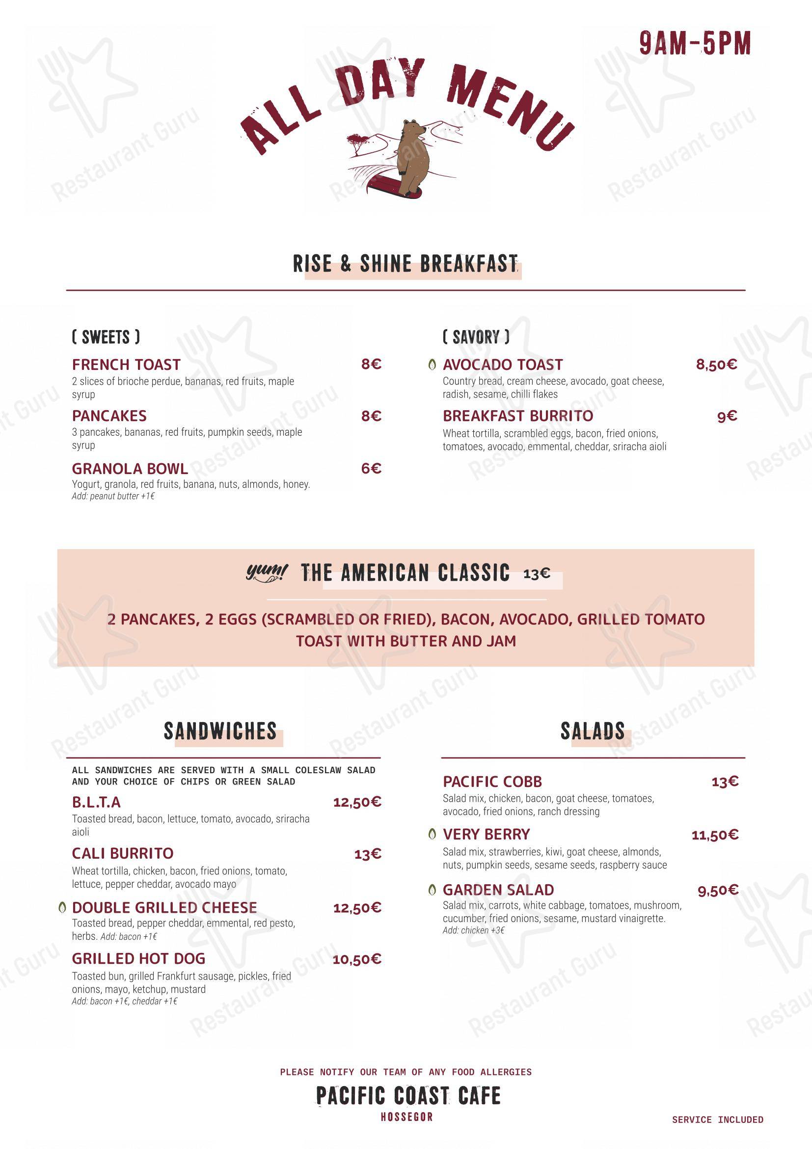 Menu at Pacific Coast Café, Hossegor