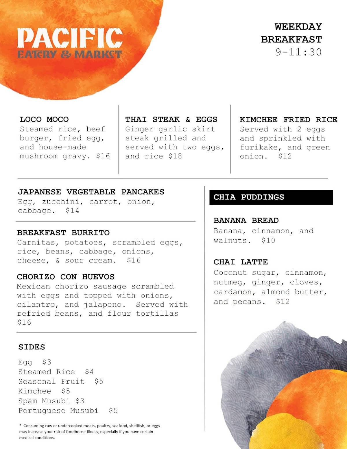 Menu at Pacific Eatery restaurant, Kaunakakai