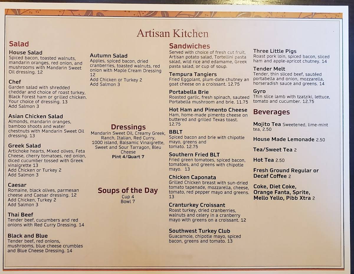 Menu at Artisan Kitchen restaurant, Paducah
