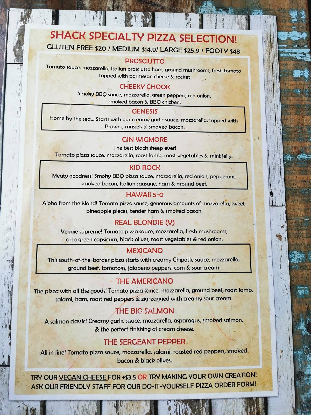 Menu at PIZZA SHACK pizzeria, Paihia