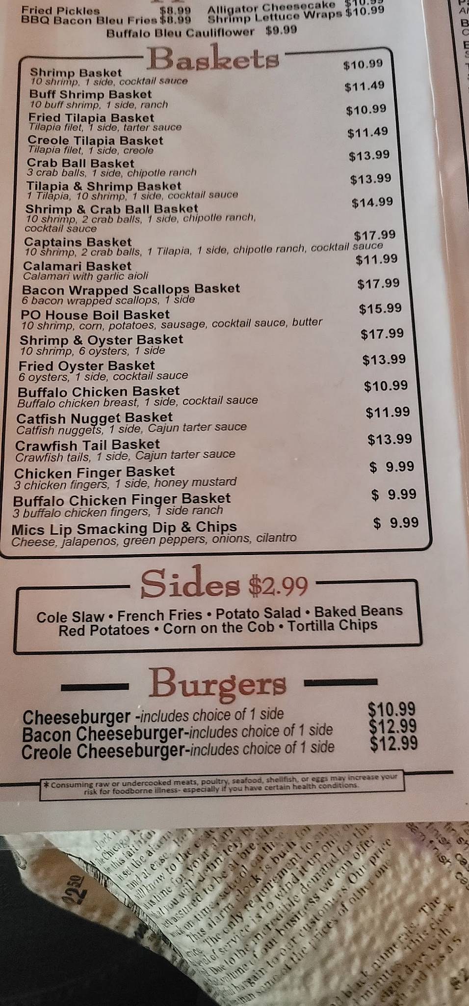 Menu at Palmetto Oyster House restaurant, Sumter