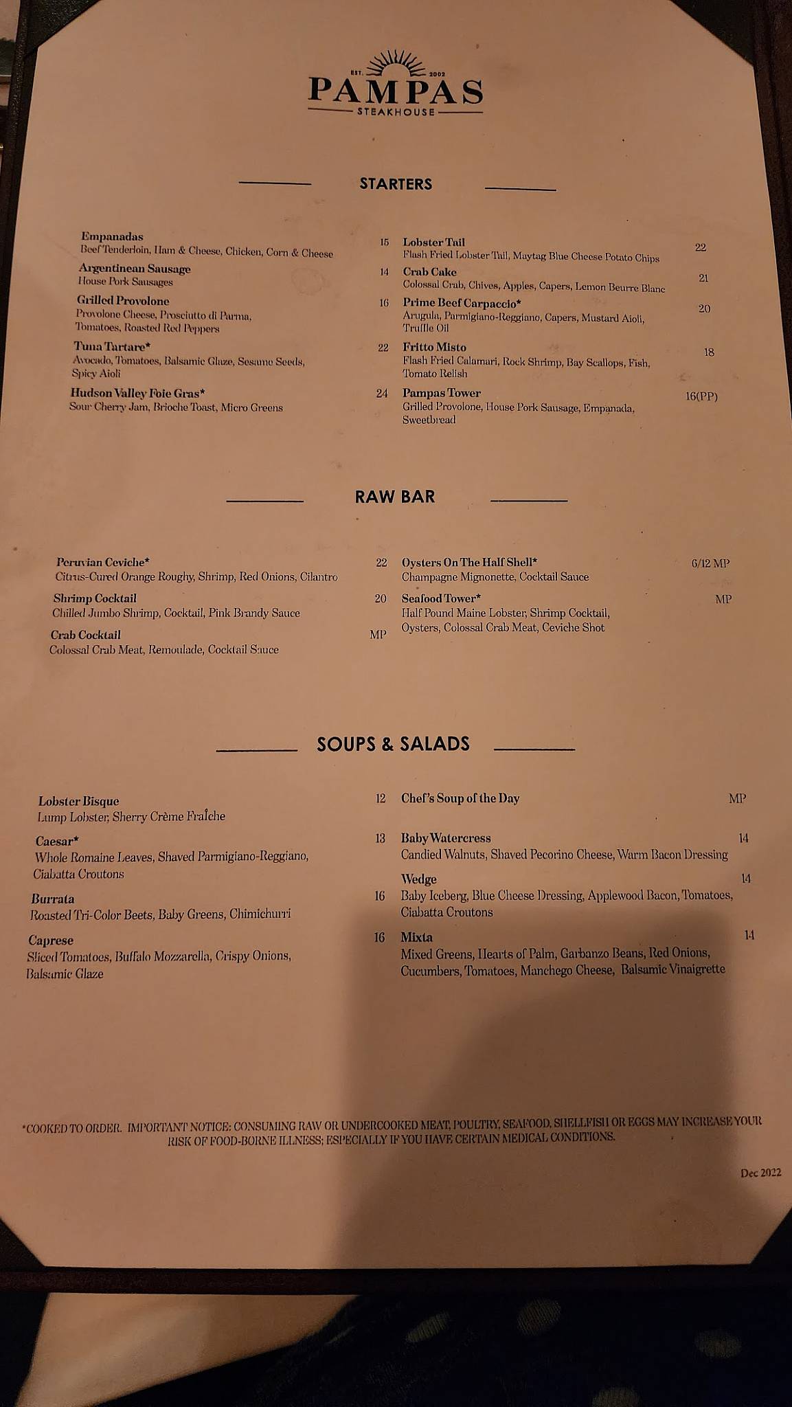 Menu at Pampas Steakhouse, Johns Creek