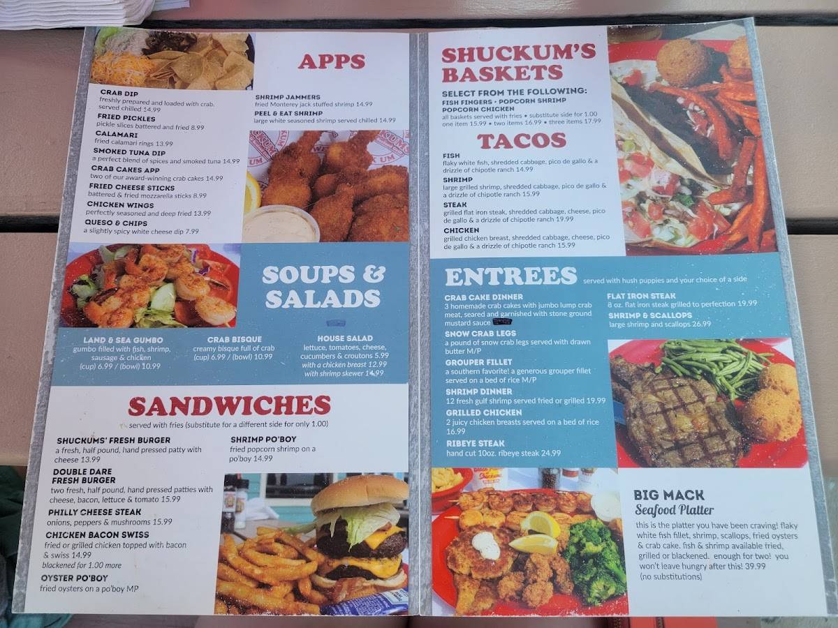 Menu at Shuckums Oyster Pub & Seafood Grill, Panama City Beach