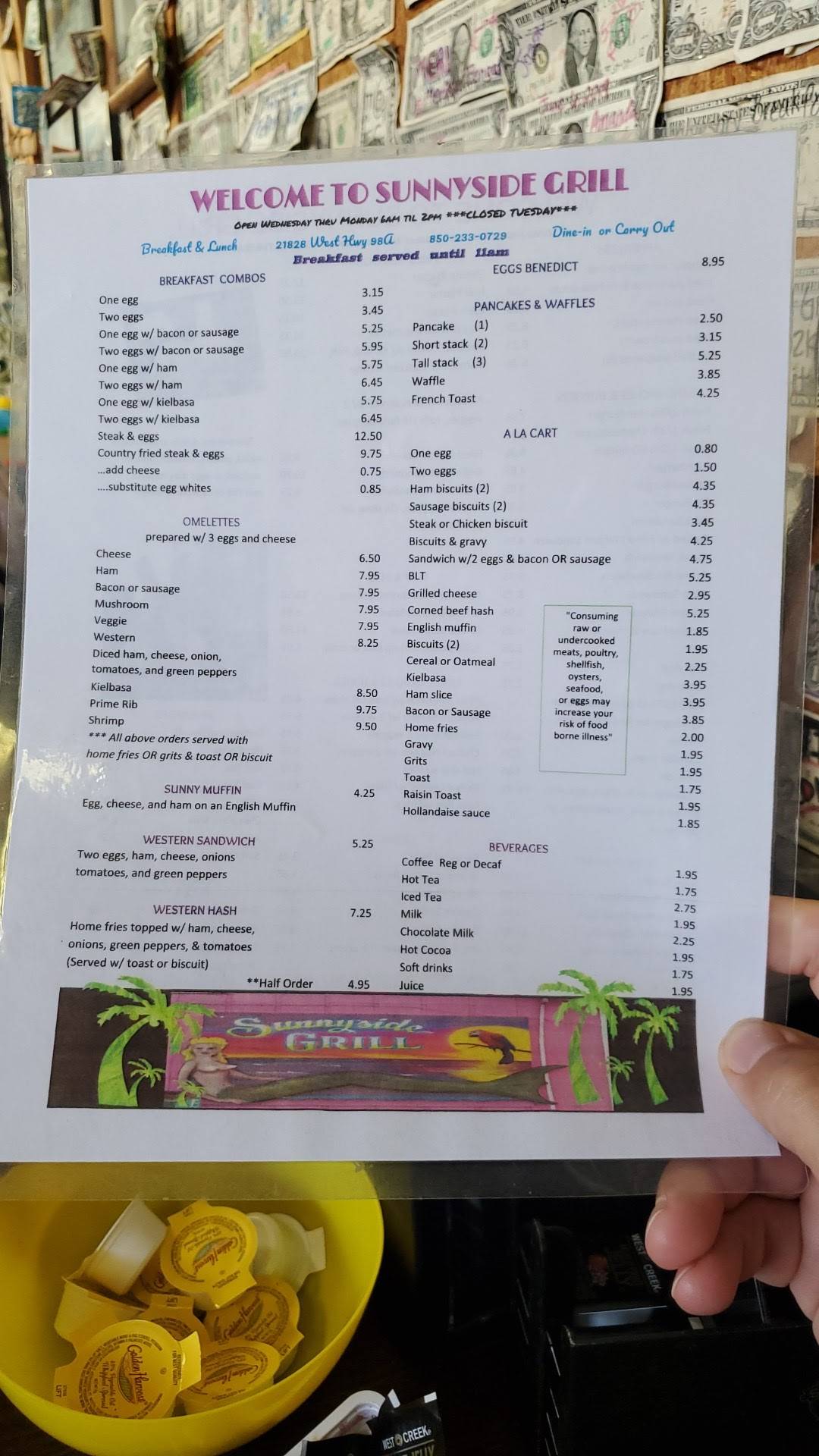 Menu at Sunnyside Grill restaurant, Panama City Beach