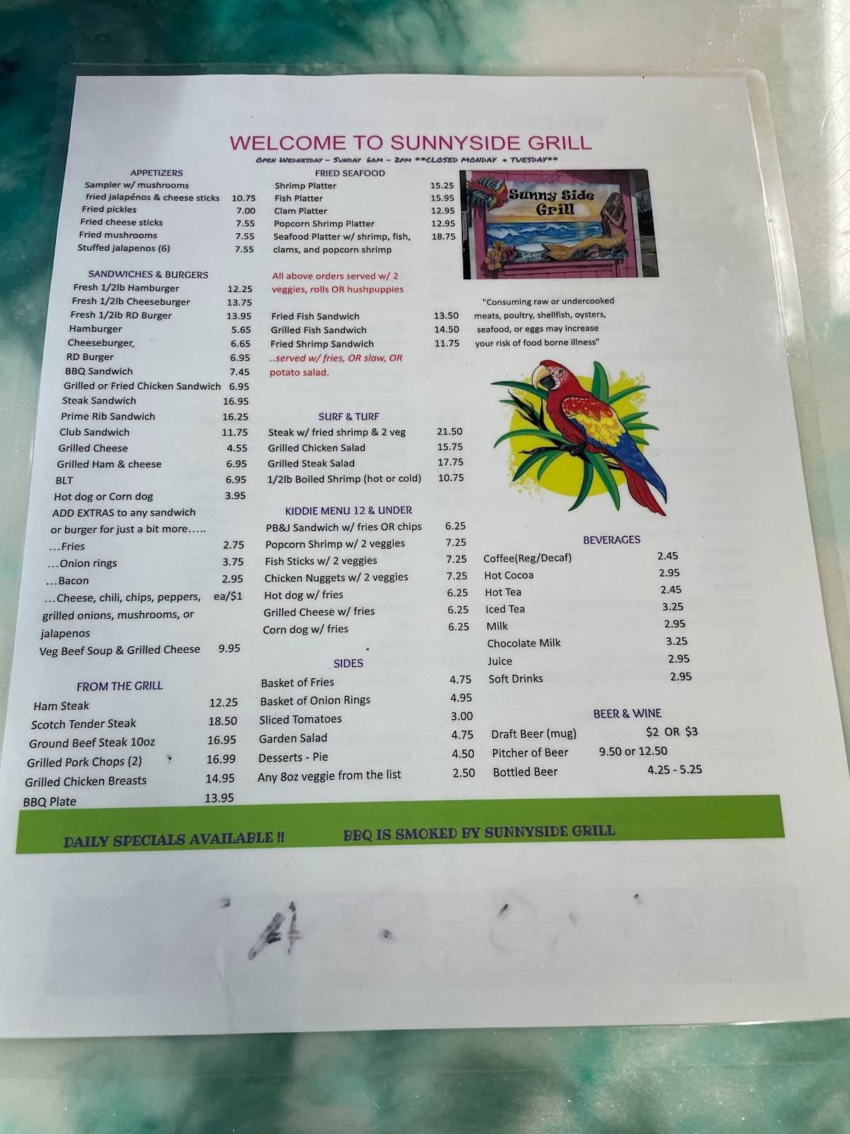 Menu at Sunnyside Grill restaurant, Panama City Beach