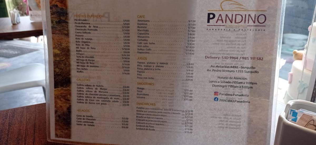 Carta de Pandino panadería, Surquillo