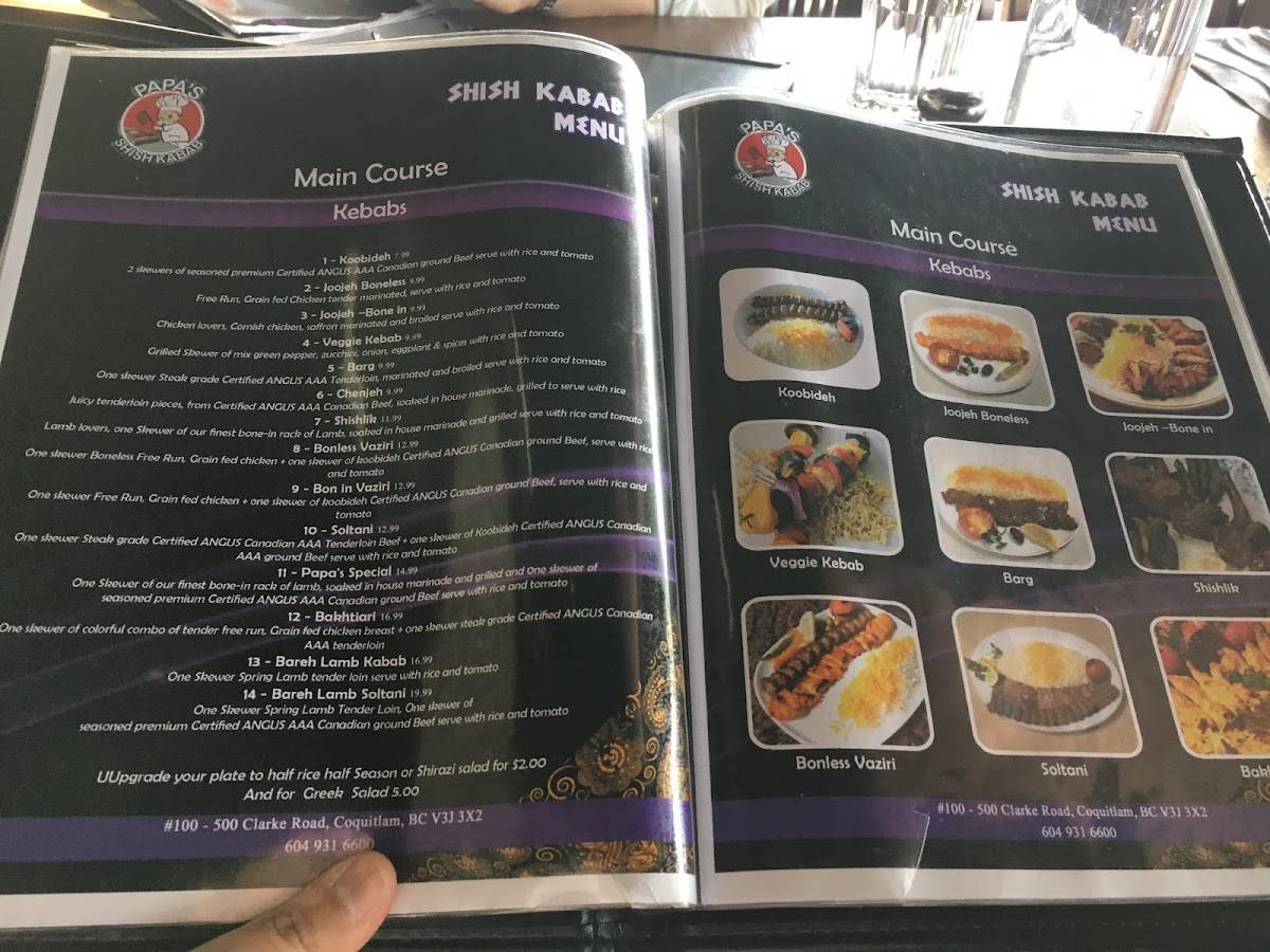 Menu au Papa's Shish Kabab restaurant, Coquitlam, 552 Clarke Rd #103