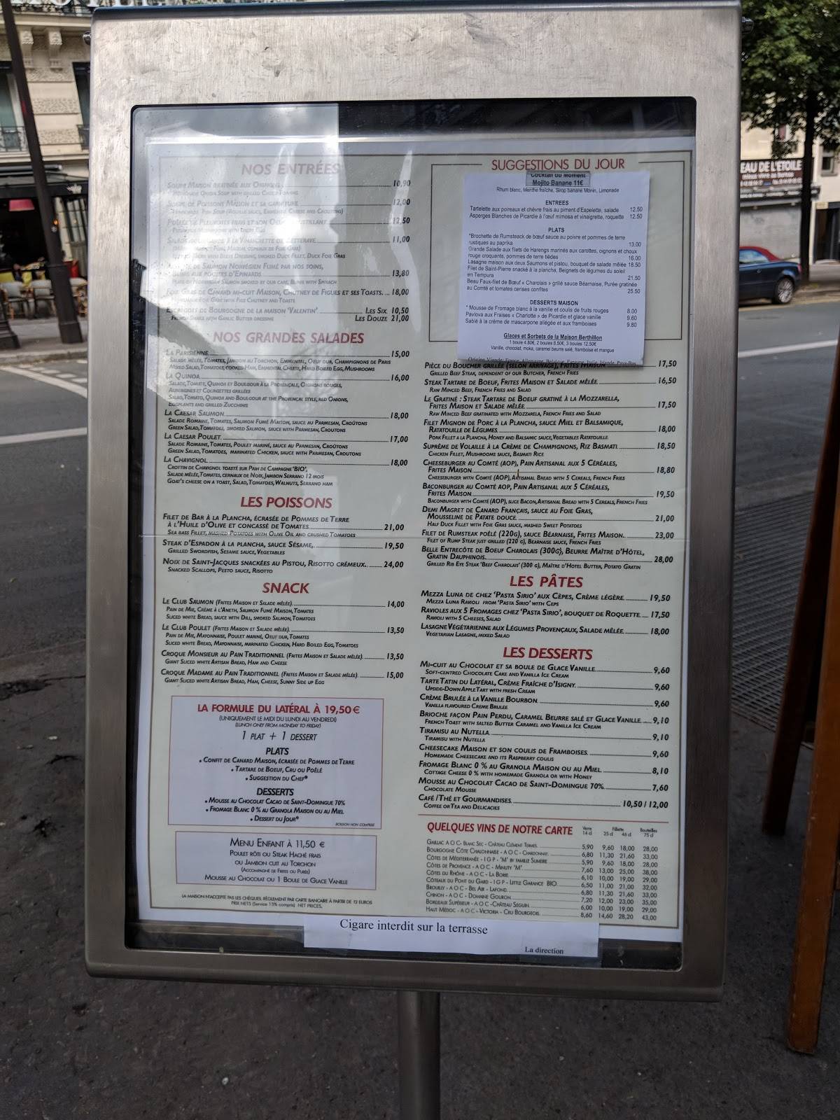 Menu at Café Latéral, Paris