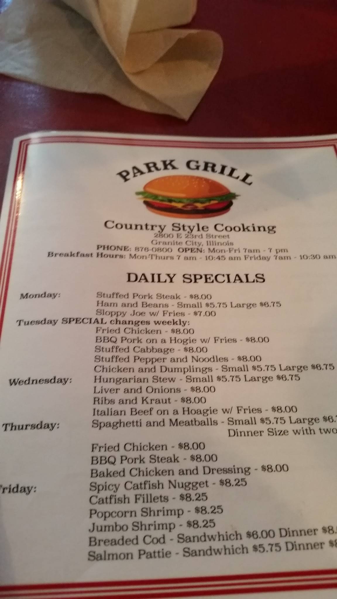 Menu at Park Grill restaurant, Granite City
