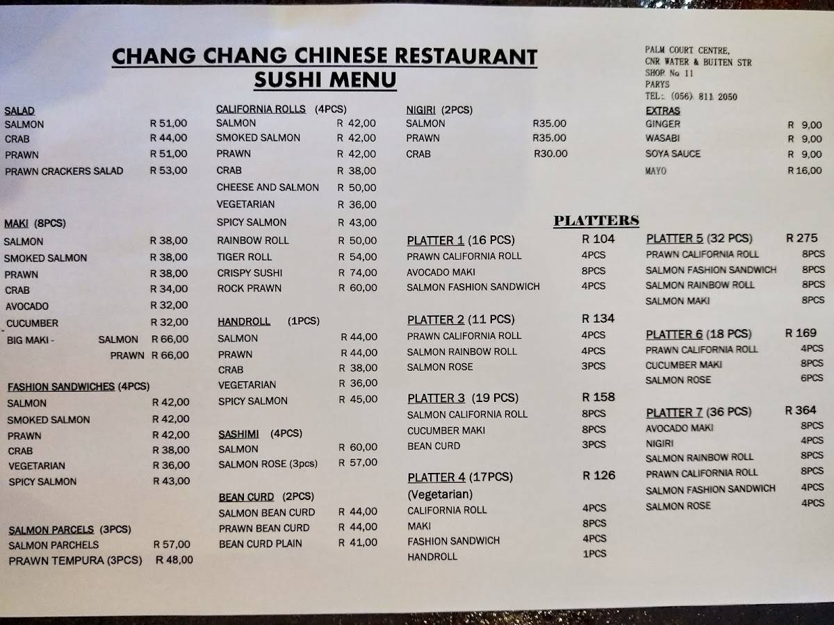 Menu at Chang Chang Chinese Restaurant., Parys