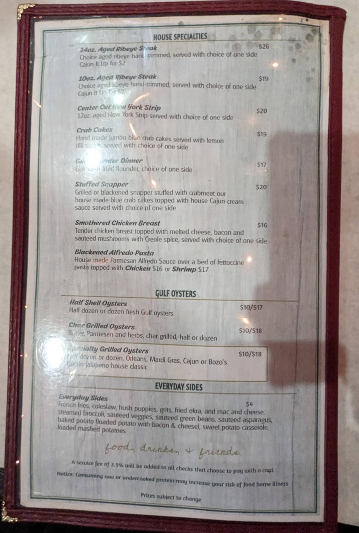 Menu at Bozo's Seafood Market restaurant, Pascagoula