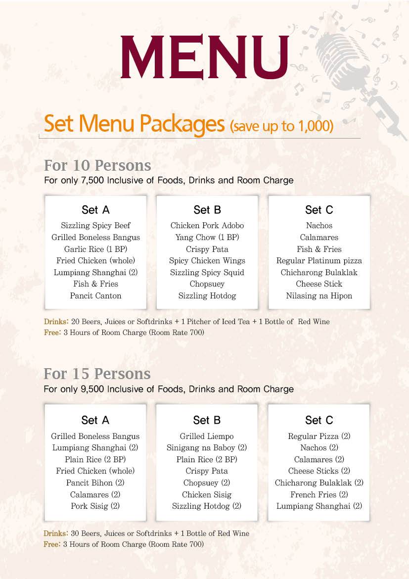 Menu at Music Platinum Family KTV pub & bar, Pasig