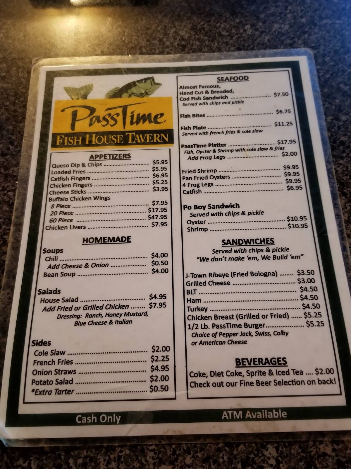Menu at Passtime Fish House restaurant, Louisville