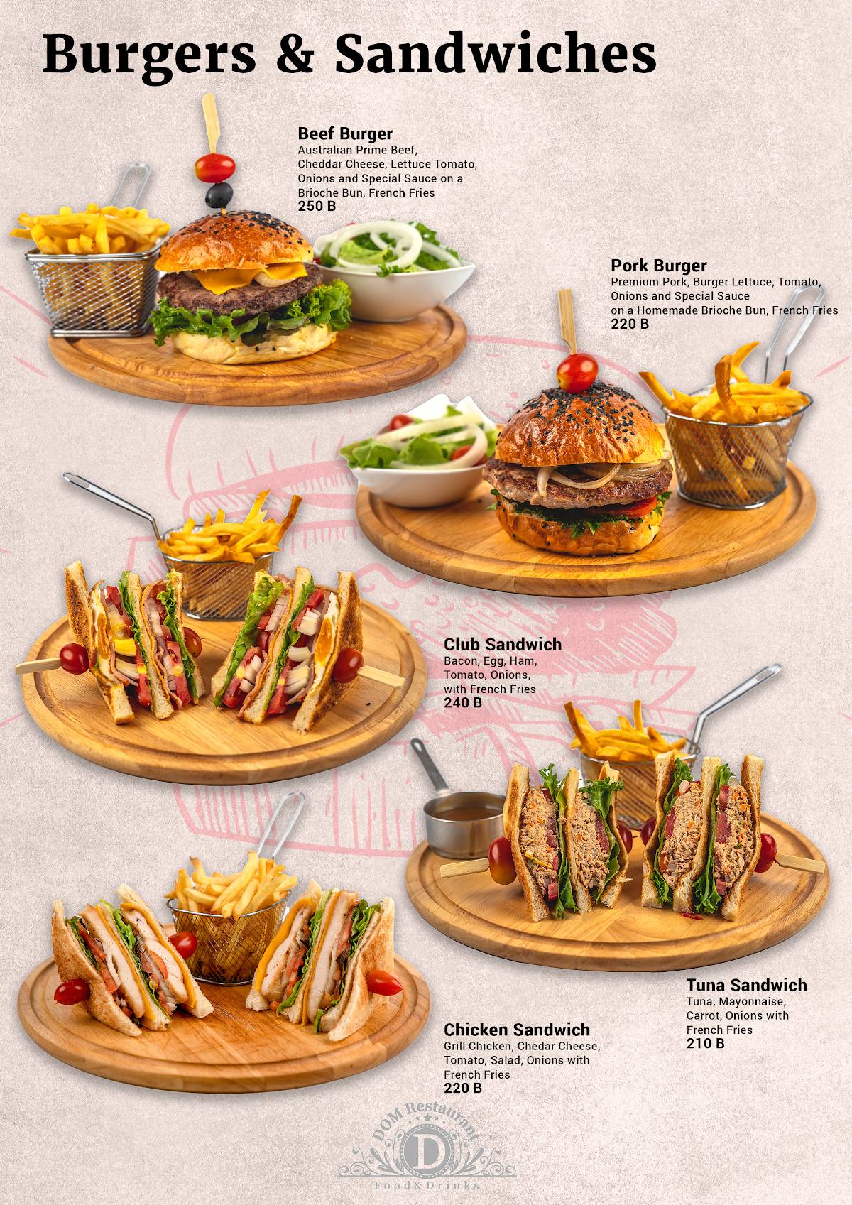 Menu at Dom Pizza restaurant, Pattaya City