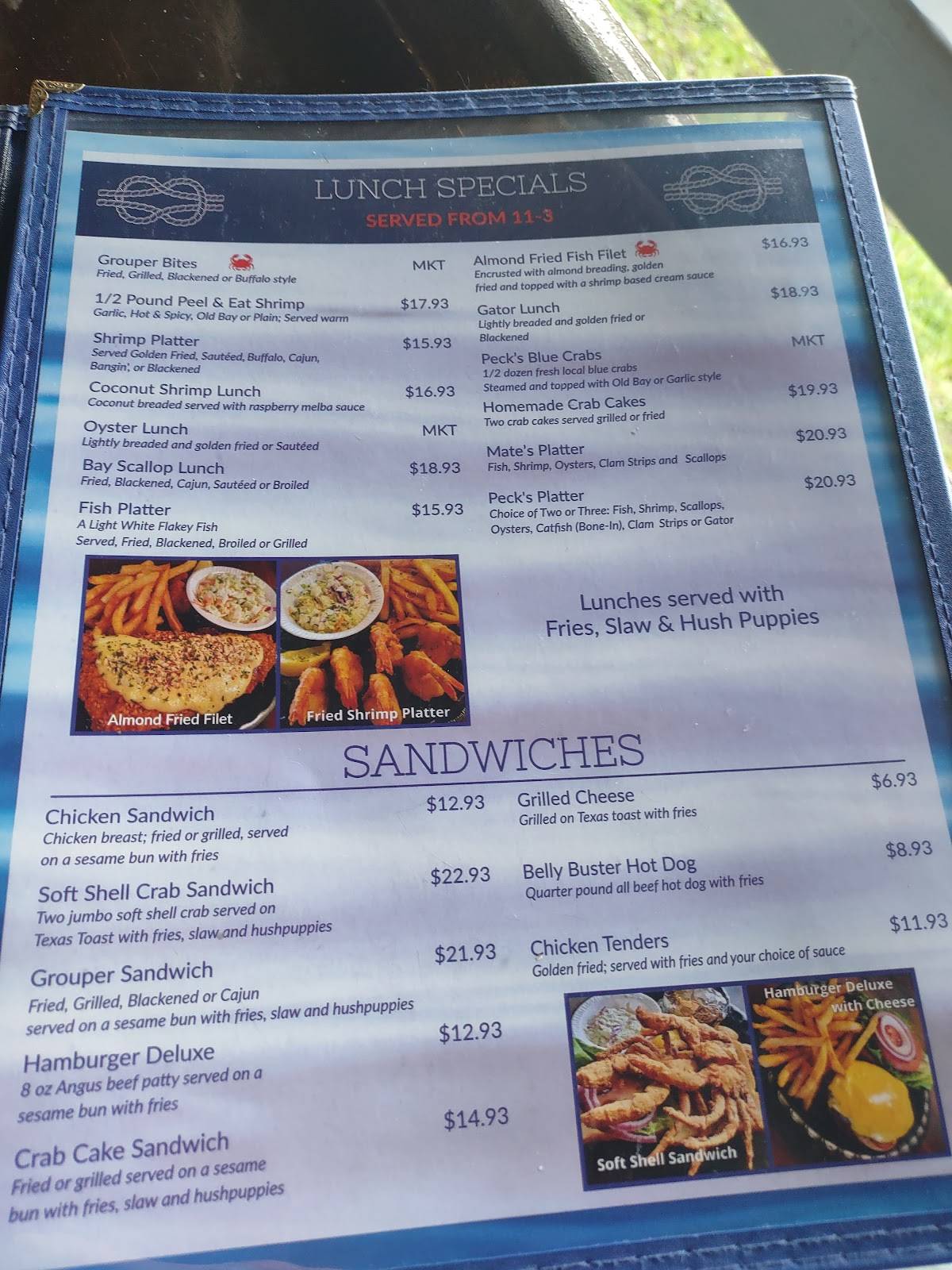 Menu at Peck's Old Port Cove restaurant, Crystal River