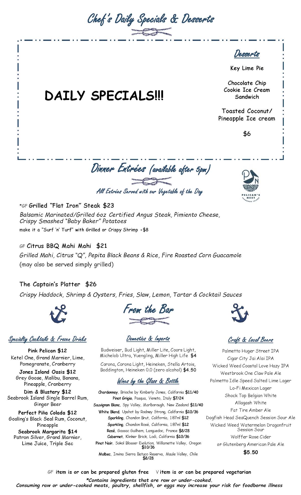 Menu at Pelican's Nest restaurant, Seabrook Island